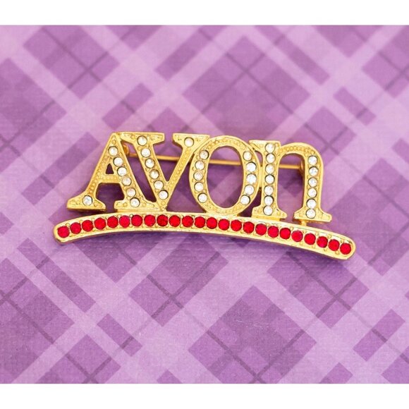 Avon | Jewelry | Vintage Avon Word Red Colorless Rhinestones Brooch By ...